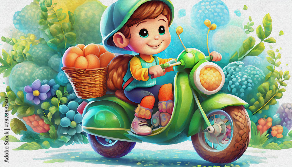 oil painting style cartoon character cute baby pointing ride stylish ...