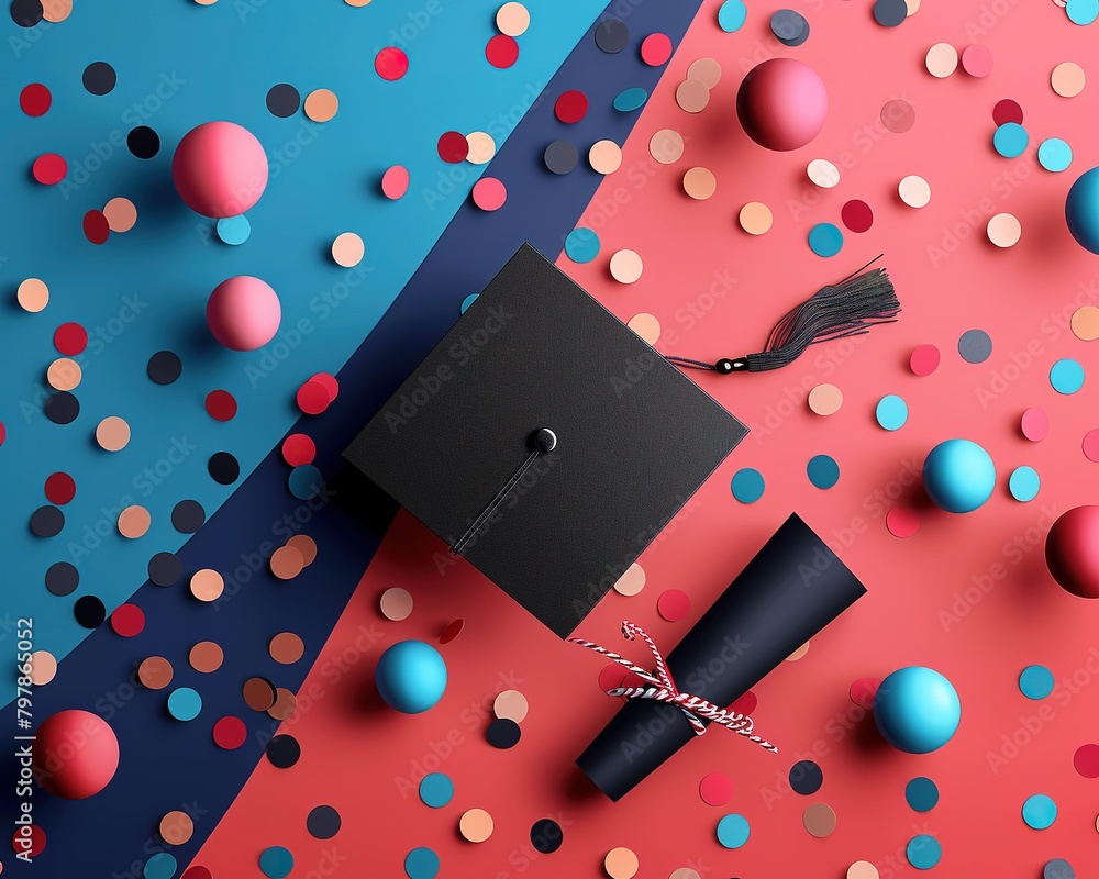 Graduation party invitation mockup, A graduation cap and diploma roll ...