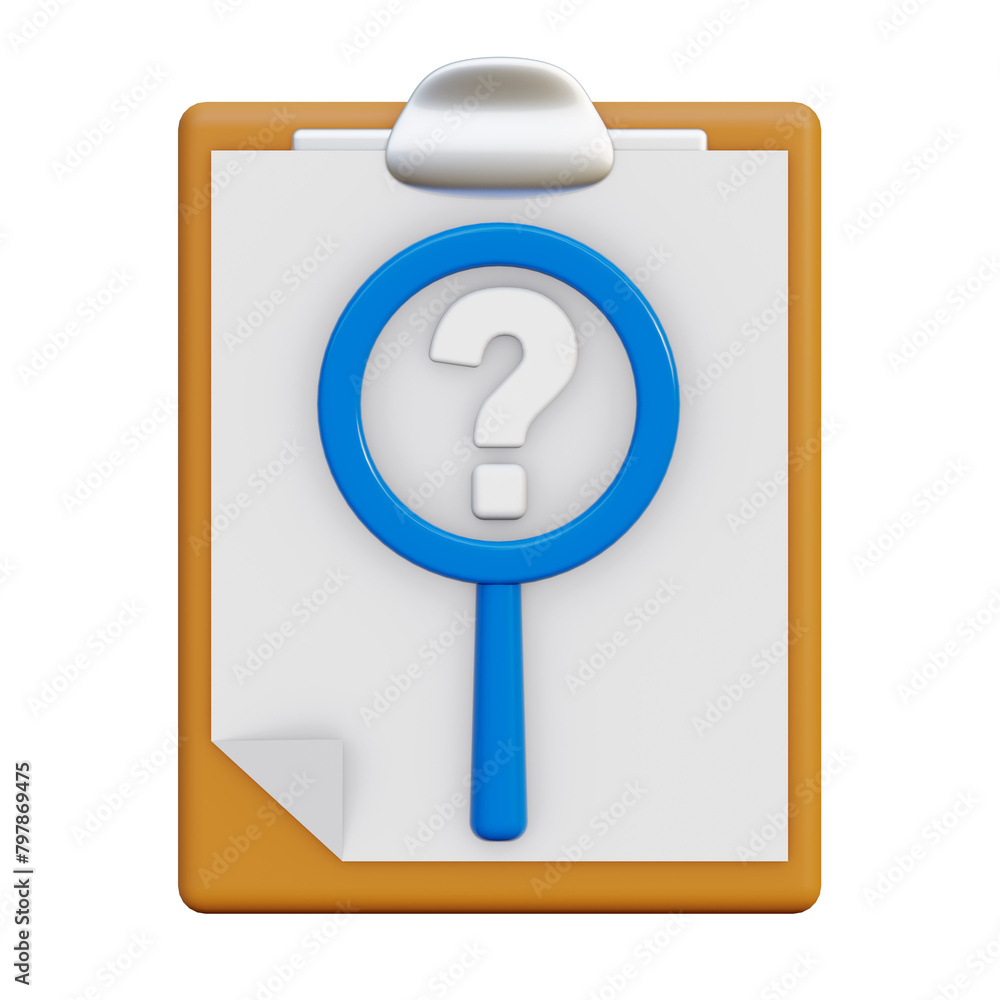 A rectangle clipboard with a stylish electric blue font. A magnifying ...