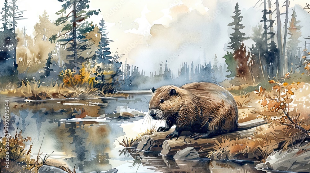 A watercolor painting of a beaver sitting on a log in a river. The ...