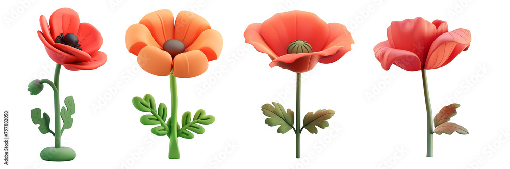 PNG poppy 3d icons and objects collection, in cartoon style minimal on ...