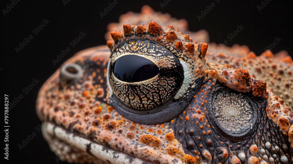 Closeup of the eye and head of an ancient horned toad, showcasing its ...
