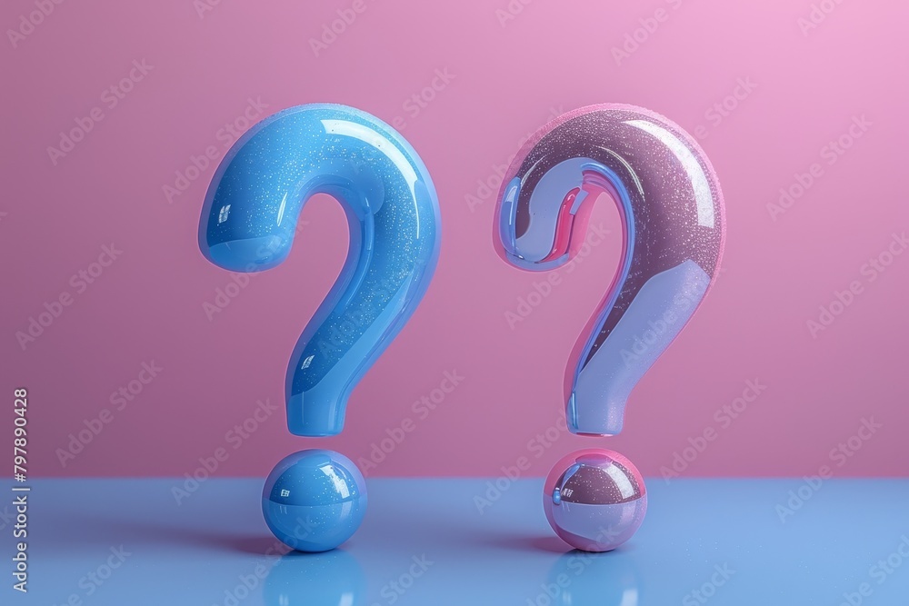 Sparkling blue question marks with a glossy finish on a pink gradient ...