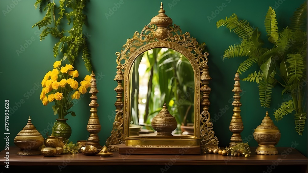A traditional brass light (Nilavilakku) and a mirror, positioned ...