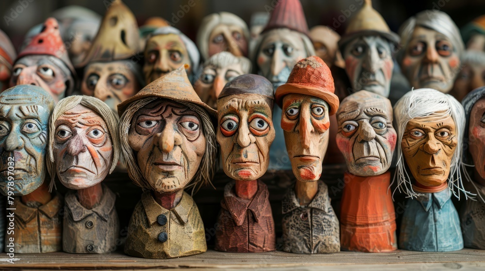 A collection of hand carved wooden dolls with unique and detailed ...