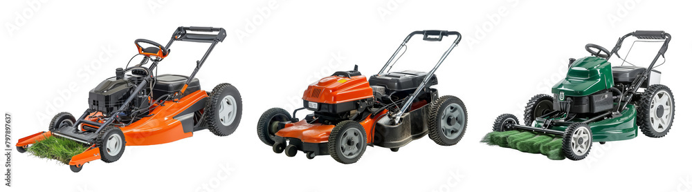 Three lawn mowers are shown in a row, with the green one being the most ...