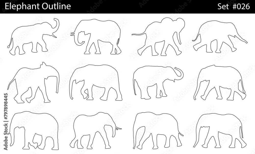 Minimal style Elephant line drawing, Side view, set of graphics ...