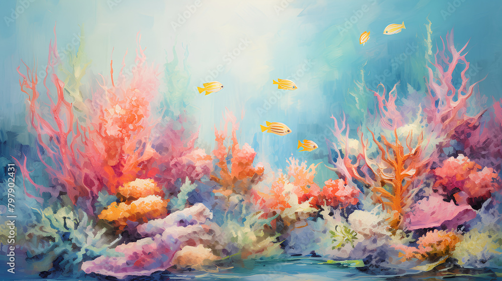 Vibrant Underwater Coral Reef, Impressionist Ocean Life, Aquatic ...