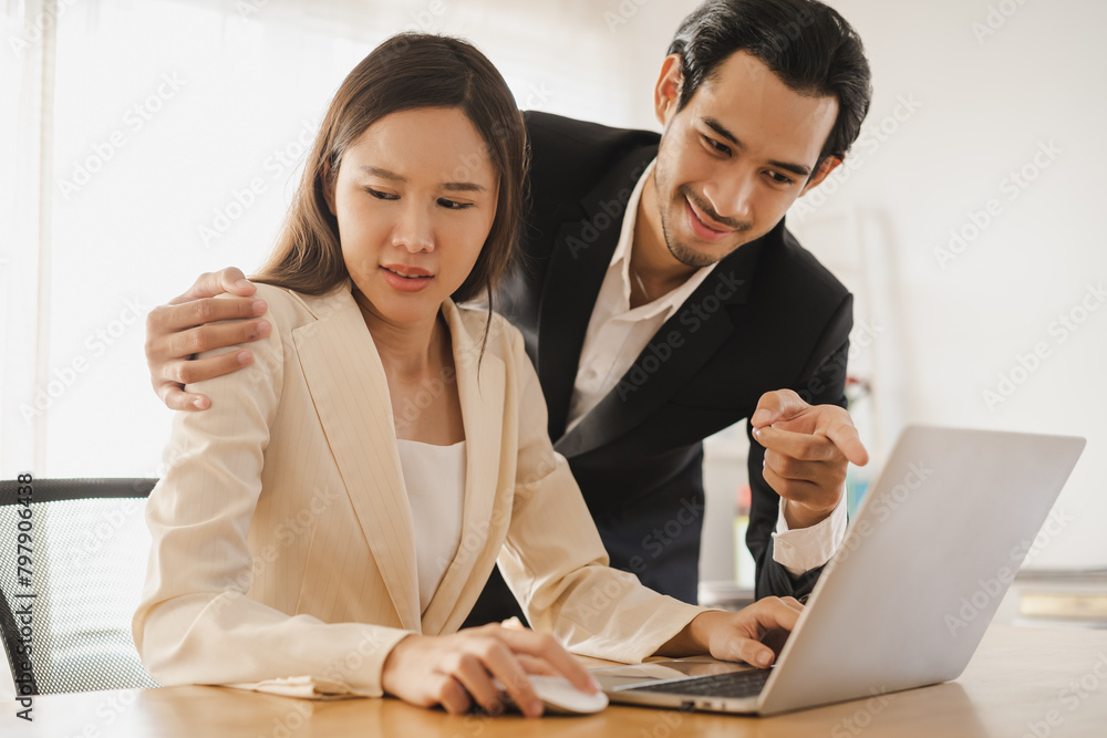 Disgusted asian young employee, pressure business woman uncomfortable ...