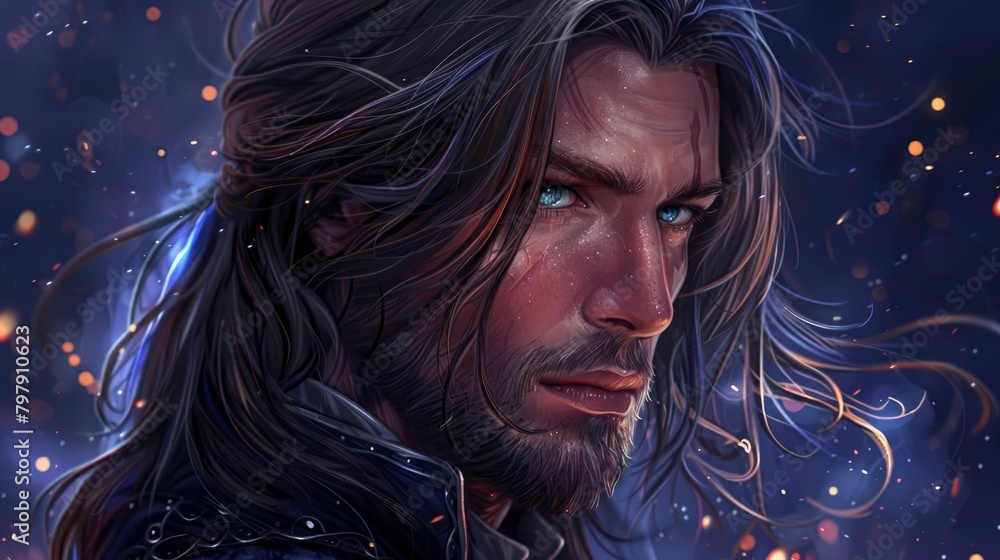 A handsome man with long hair and a beard, blue eyes, fantasy romance ...