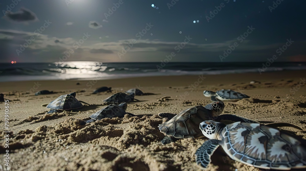 A group of sea turtles nesting on a sandy beach, their flippers ...