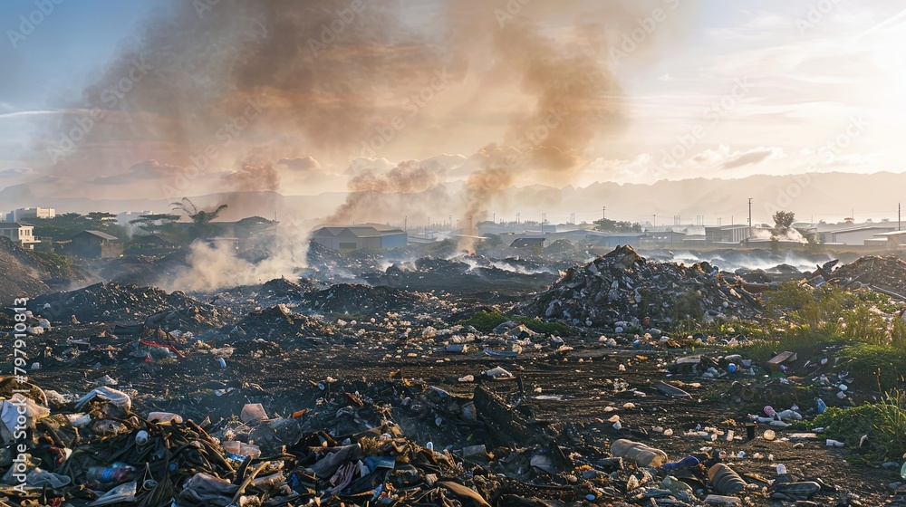 A landfill site with piles of garbage being burned in open-air ...
