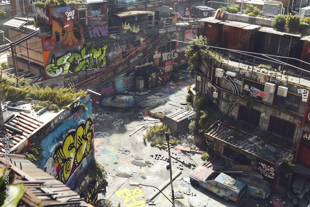 Imagine an overhead depiction of a post-apocalyptic urban setting ...