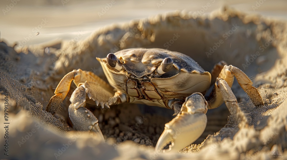 Close-up of a sand crab digging a burrow in the soft sand of a wide ...