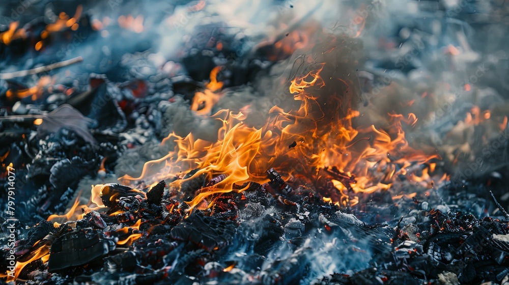 Close-up of flames and smoke billowing from a controlled burn of waste ...