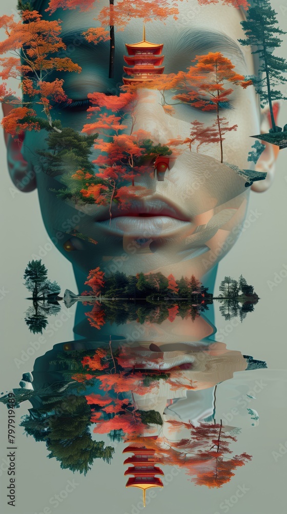 Surreal fusion portrait: human face with oriental landscape. Surreal ...