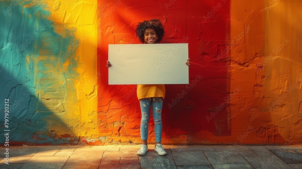 Cute child holding up a blank sign For any announcement, additional ...