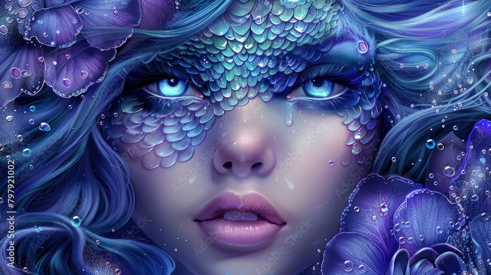 Beautiful woman with blue eyes, hair made of water and scales, in the ...
