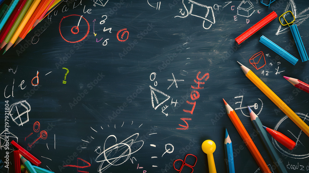 School-themed background with a chalkboard and doodles of math symbols ...