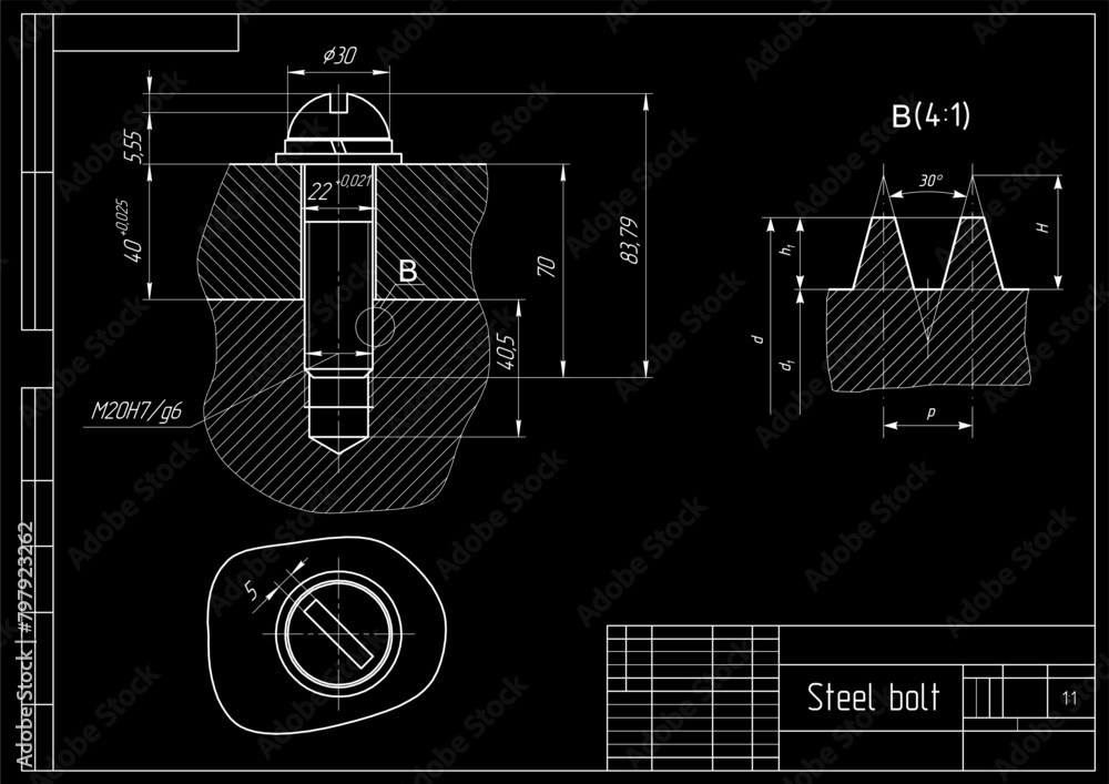 Vector engineering cad drawing of mechanical part (steel bolt) with ...