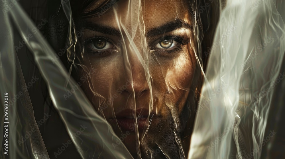 A beautiful woman's face is partially hidden behind a curtain, with ...