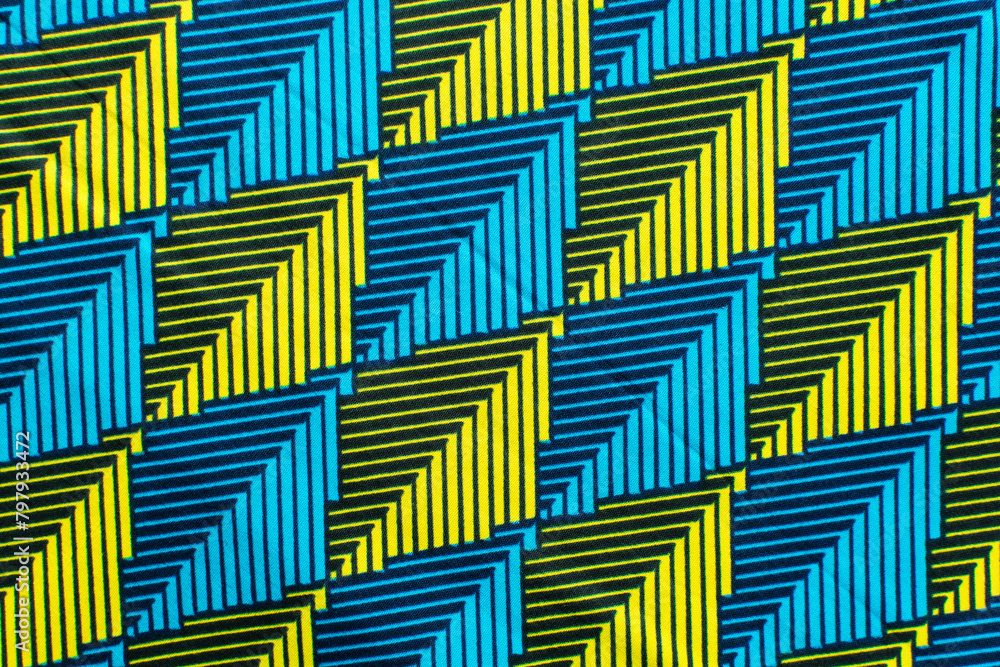 top view of blue and yellow ankara fabric, flatlay of nigerian wax ...