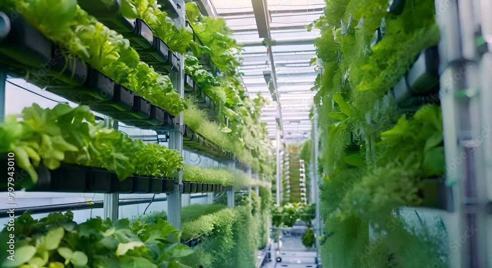 Lush green foliage fills vertical hydroponic system in modern indoor ...