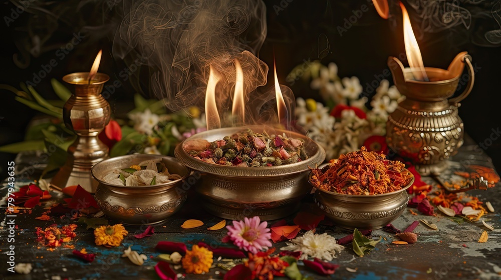 Items for Indian Yajna ritual. Indian wedding vivah Yagya. Traditional ...