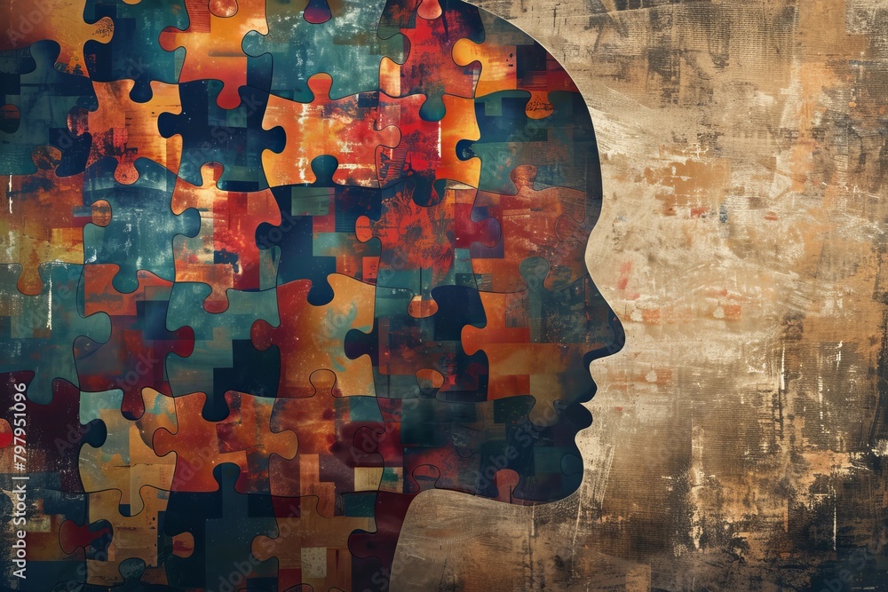 Profile of human head with jigsaw puzzle pieces, concept for cognitive ...