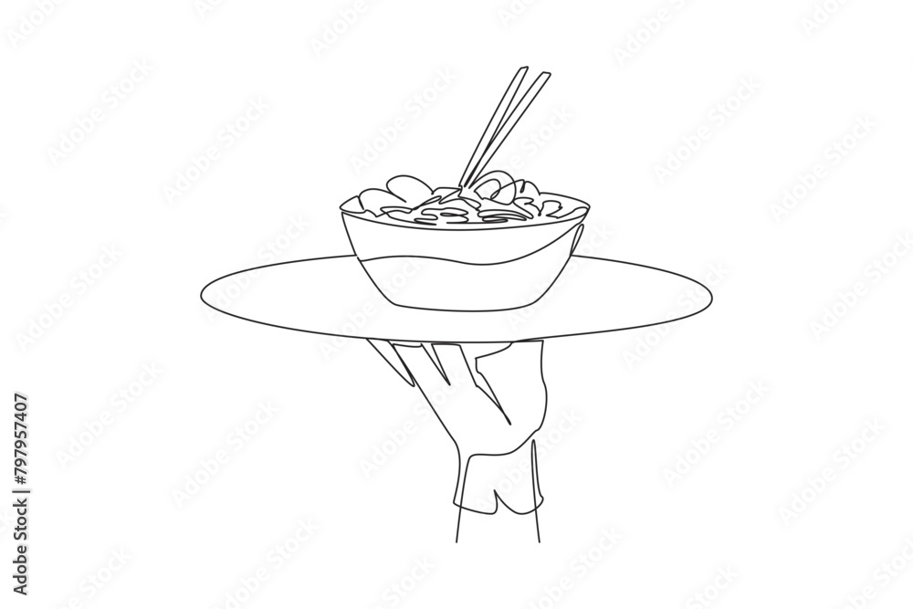 Continuous one line drawing waiter holding food tray serving noodles ...