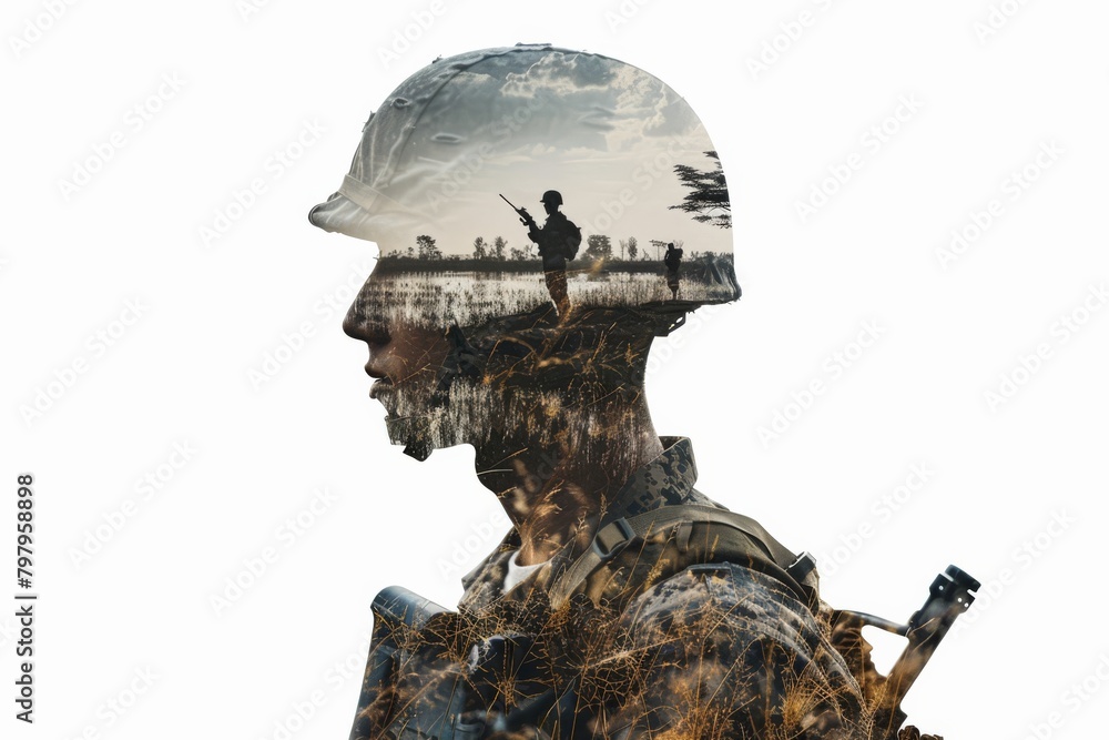 Silhouette of Soldier and Battlefield Isolated on White - Military ...