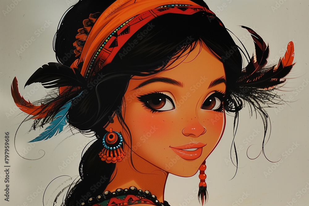 Graceful Dayak-inspired girl with feathers in her hair, showcasing ...