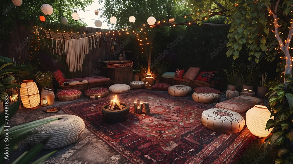 A bohemian garden party setup with mismatched textiles, a fire pit, and ...