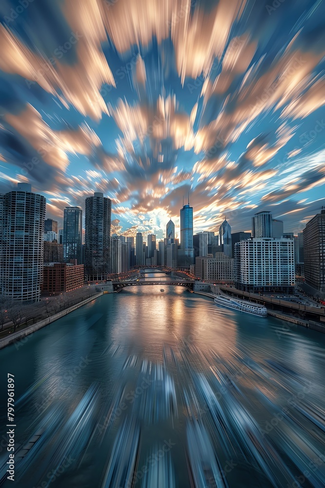 The Chicago skyline presented in an ultrawide angle shot that ...