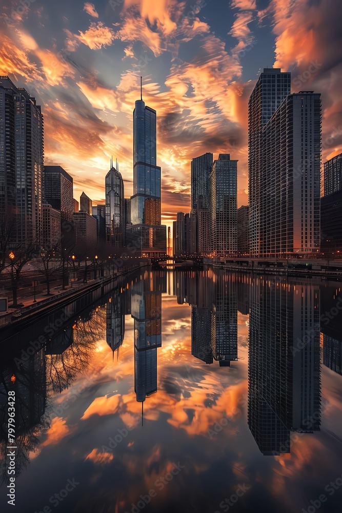 Masterpiece photograph of the Chicago skyline in an ultrawide panoramic ...