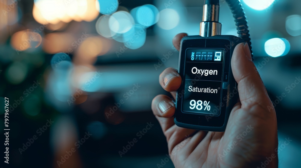 Close-up of a pulse oximeter displaying oxygen saturation level in a ...