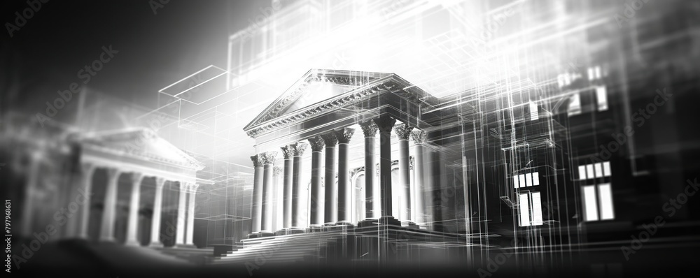 3D rendering of a classical Greek temple with a triangular pediment supported by Doric columns ...