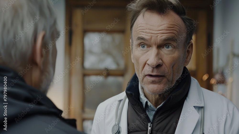 Back view of the doctor engaged in conversation with a patient ...