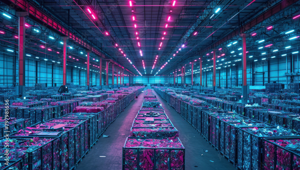 Plastic bottles in warehouse. Industrial waste sorting and recycling ...