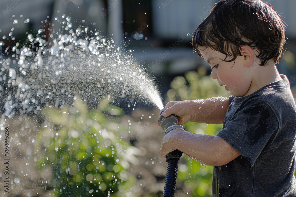 Children playing in the backyard with water hoses, spraying water ...