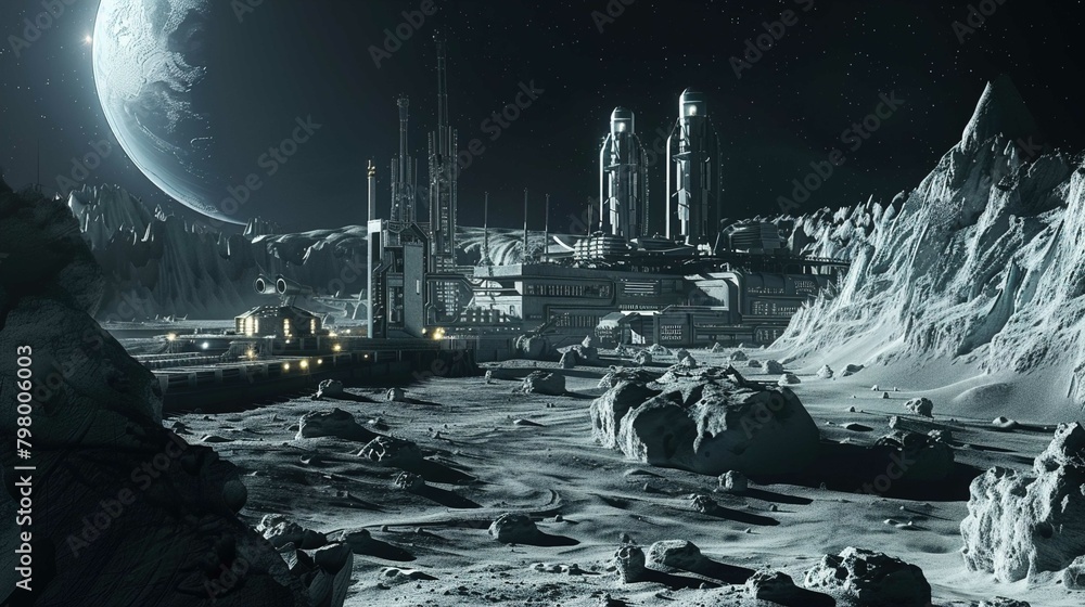 The image depicts a futuristic lunar or outer space landscape with a ...