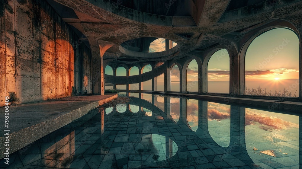 The image showcases an expansive, abandoned structure with arched ...