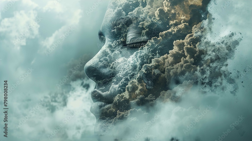 The image presents an ethereal and surreal fusion of a human profile ...