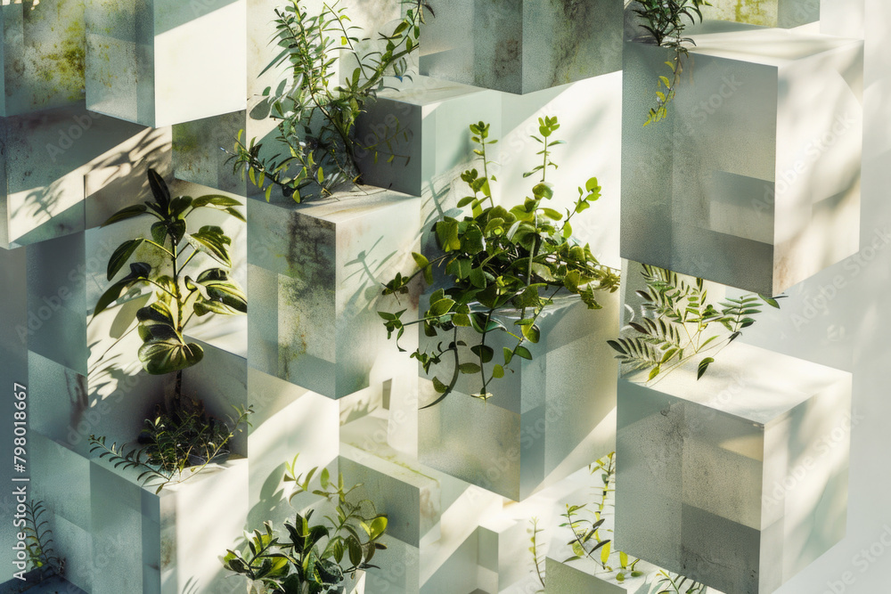 A digitally generated image depicting plants growing through a cubic ...