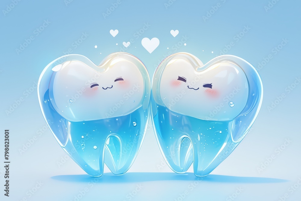 Two cute smiling tooth characters holding each other on a blue ...