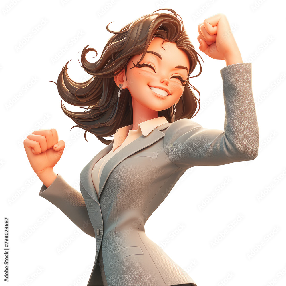 A jubilant cartoon woman in a chic gray suit celebrating her 40th ...