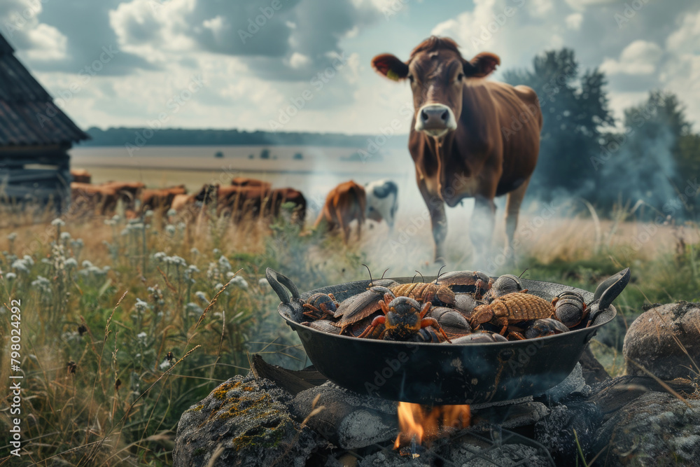 A framed photo featuring a beef cow and a bunch of edible insects in a ...