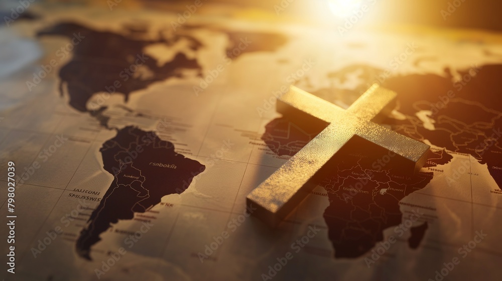 Holy cross of Jesus Christ and world map. Global mission and evangelism ...