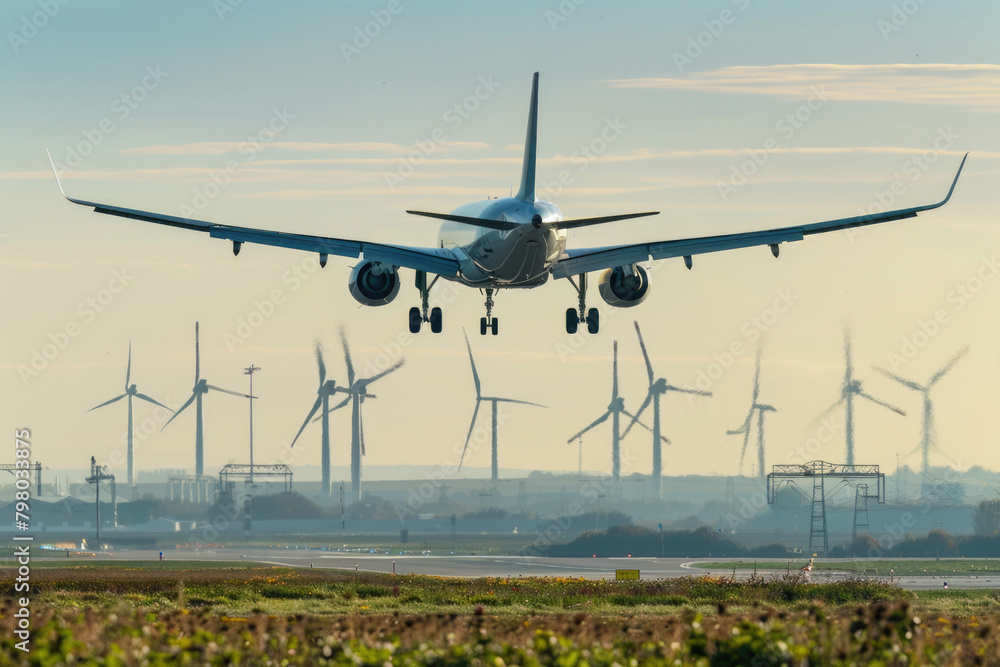 A passenger aircraft taking off with wind turbines in the background ...