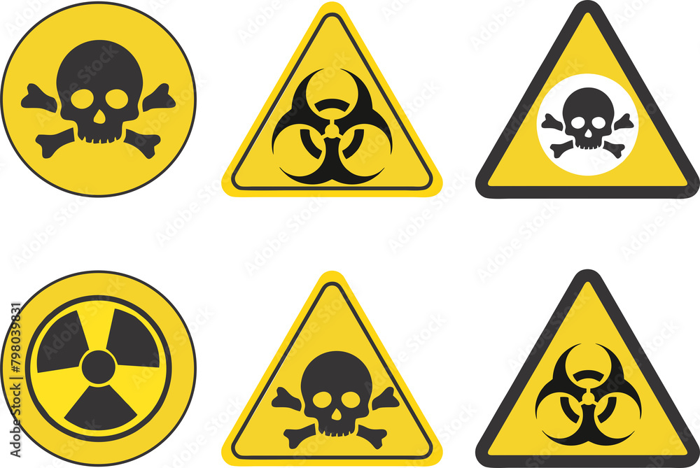 Radioactive, toxic, bio hazard signs on. Warning danger or poison ...